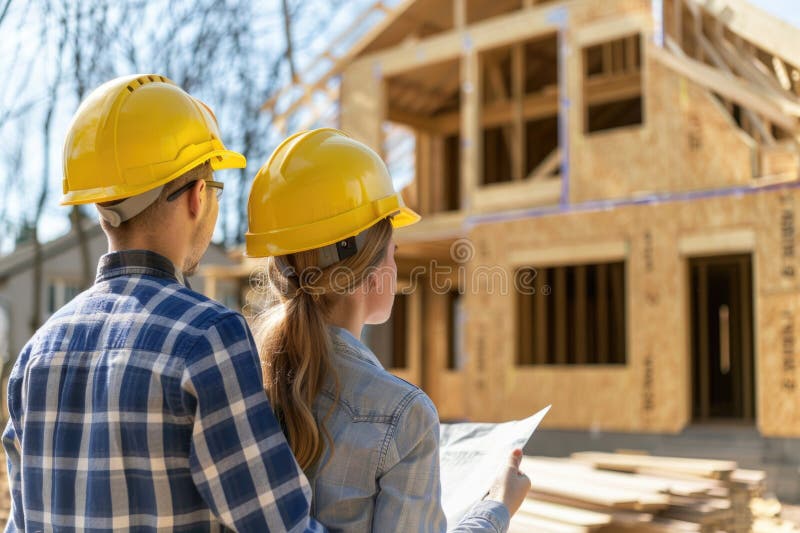 A Man and Woman Engineer Stand in Front of a House Under Construction ...