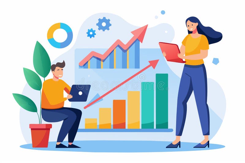 A Man and a Woman Examine a Growth Chart, Actively Discussing Data in a Contemporary Office ...