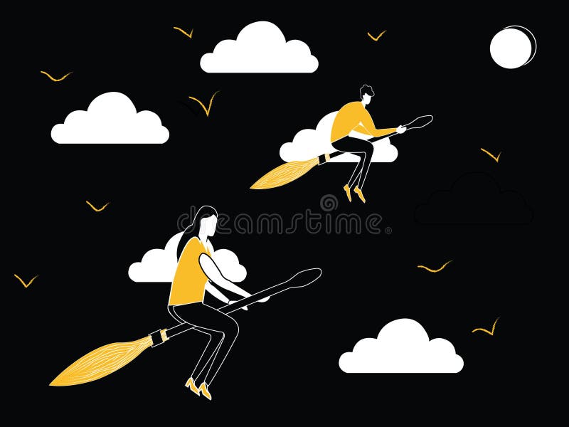 Man and Woman Flying on Broom Stick Stock Illustration - Illustration ...
