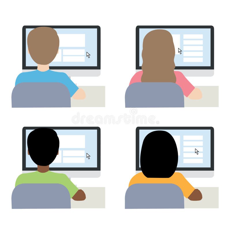 Man and Woman in Front of Computer Back View Stock Vector ...