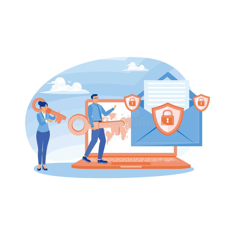 Man And Woman Holding Key Protecting Computer Data From Crime Email Encryption Concept Stock