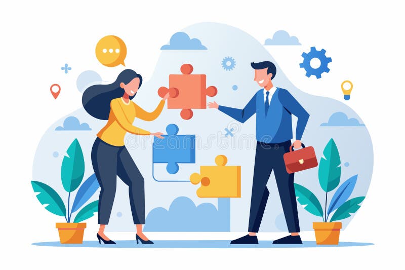 Man and Woman Holding Puzzle Piece, Two Business People are Looking for ...