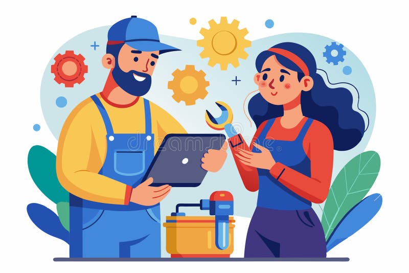 A Man and Woman are Inspecting a Device Together, Discussing Repairs ...