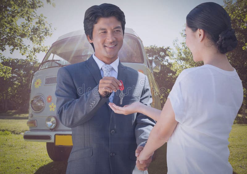 Man and Woman with Keys in Front of Camper Van Stock Photo - Image of ...