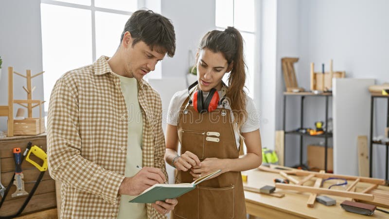 Man and Woman, Likely Carpenters, Collaborate in a Workshop, Examining ...