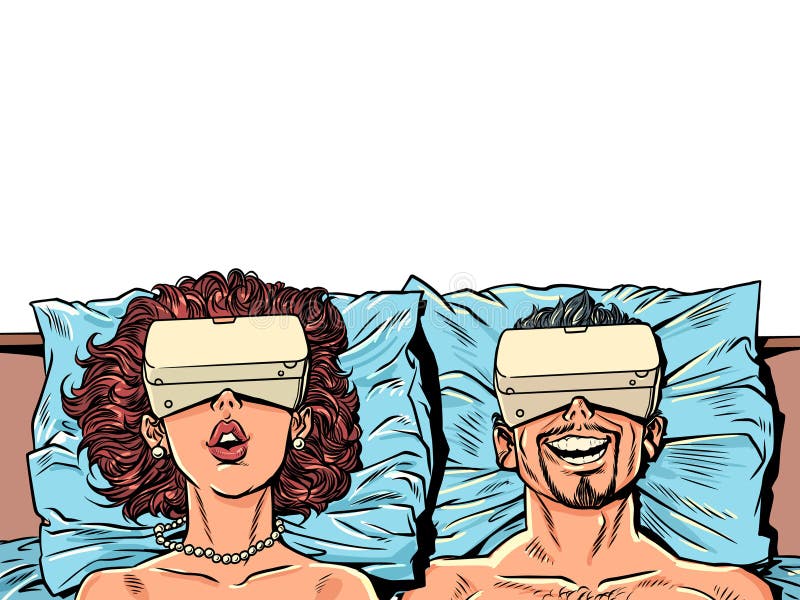 A Man and a Woman are Lying in Bed with VR Devices. Alternative Virtual ...