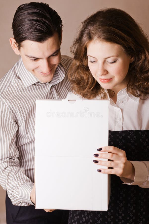 Man and Woman Opening White Box Stock Photo - Image of human, dress ...