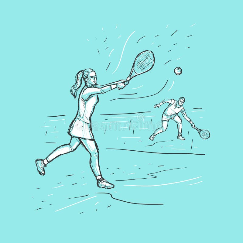 Man Playing Tennis With Racquet And Ball Sketch Vector Hand Drawn Illustration On Blue