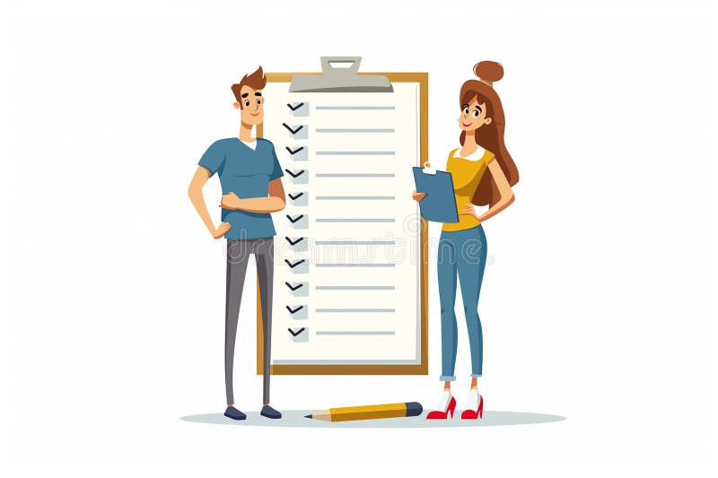 Man and Woman Reviewing Checklist on Whiteboard Stock Illustration ...