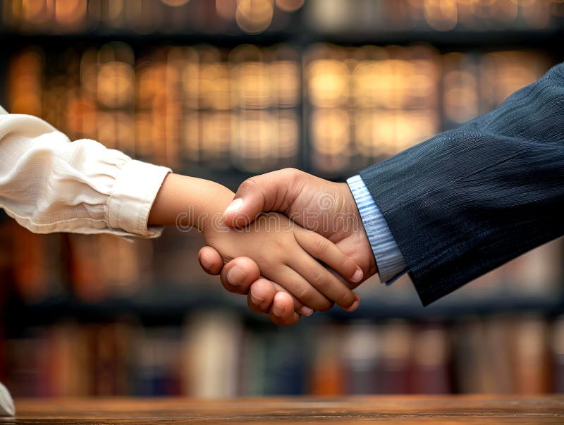 A Man and Woman Shaking Hands in Front of Bookshelves Stock Image ...