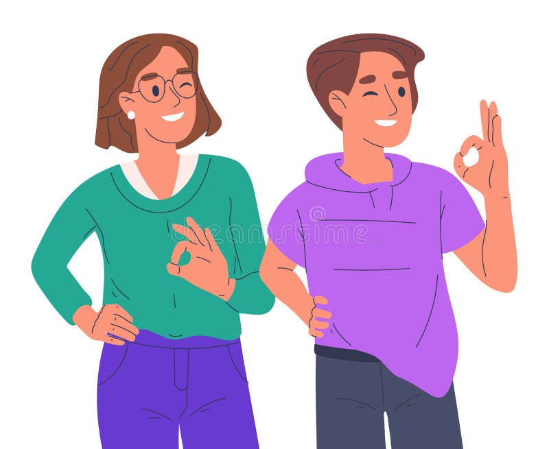 Man and Woman Show Okay Signs. Excited Couple with Positive Gestures ... Man and Woman Show Okay Signs. Excited Couple with Positive Gestures ...