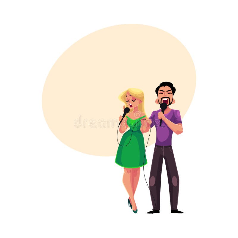 Man And Woman Singing Into Microphones Karaoke Party Contest