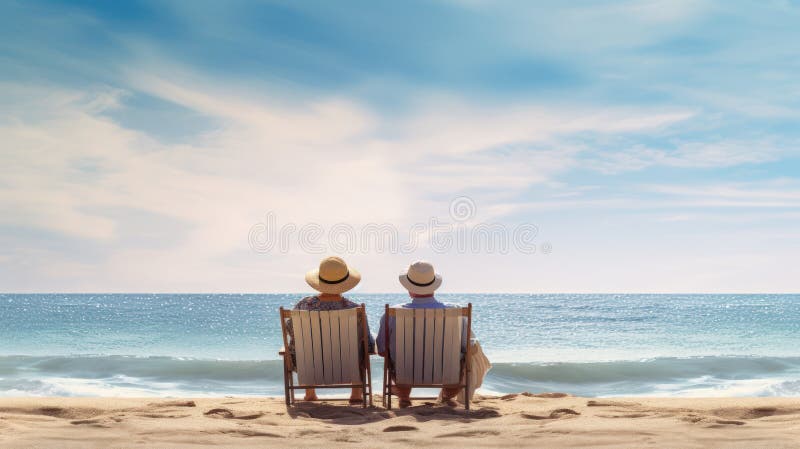 A Man and a Woman are Sitting on the Beach, Overlooking the Sea Stock ...