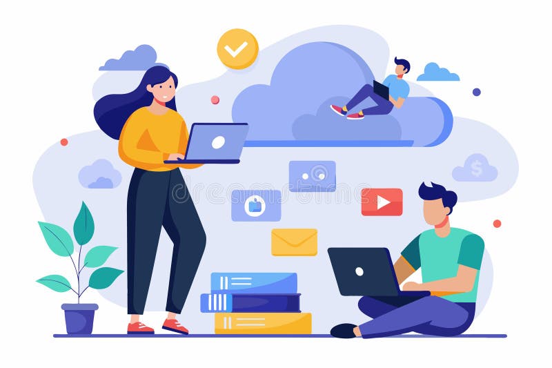 A Man and a Woman Sitting on the Floor, Focused on Using Laptops, Two People with Cloud Storage ...