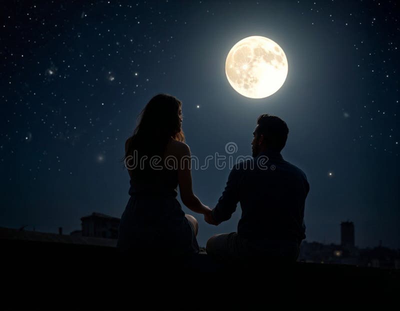 A Man and Woman Sitting on a Ledge Looking at the Full Moon in the ...