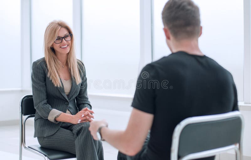 Man and Woman Sitting in Studio during Podcast Interview Stock Image ...