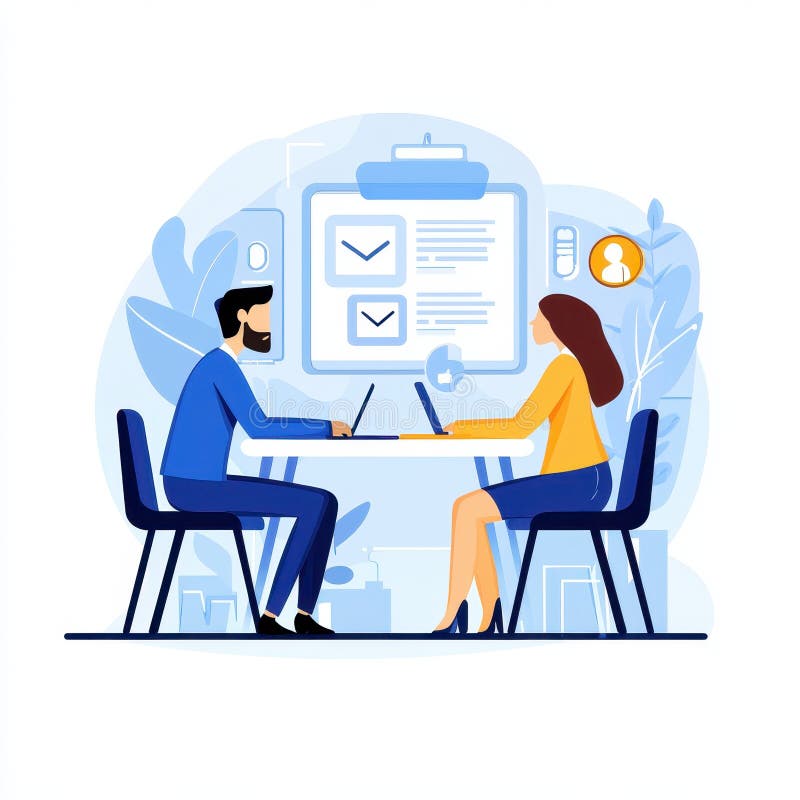 Man and Woman Sitting at Table Analyzing Document on Screen ...