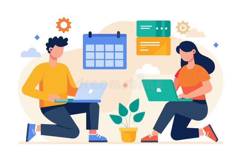 A Man and Woman Sitting at a Table, Both Engrossed in Their Laptops, Possibly Working or ...