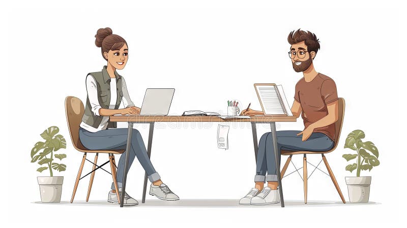Man and Woman Sitting at the Table and Working on Laptop. Vector Illustration Stock Illustration ...