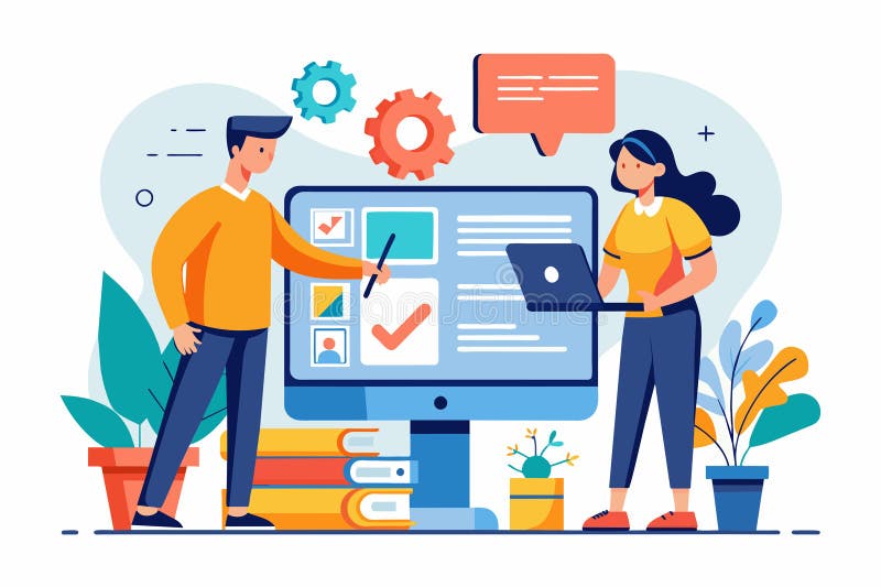 A Man and Woman Standing in Front of a Computer Screen, Working on ...