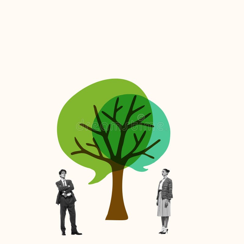 Man and Woman Standing Next To Symbolic Tree with Overlay of Speech ...