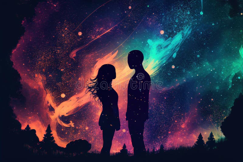 Man And Woman Standing Together Against Abstract Futuristic Background