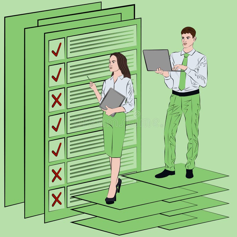 Man and Woman Study the Survey Results. Outline Stock Vector ...