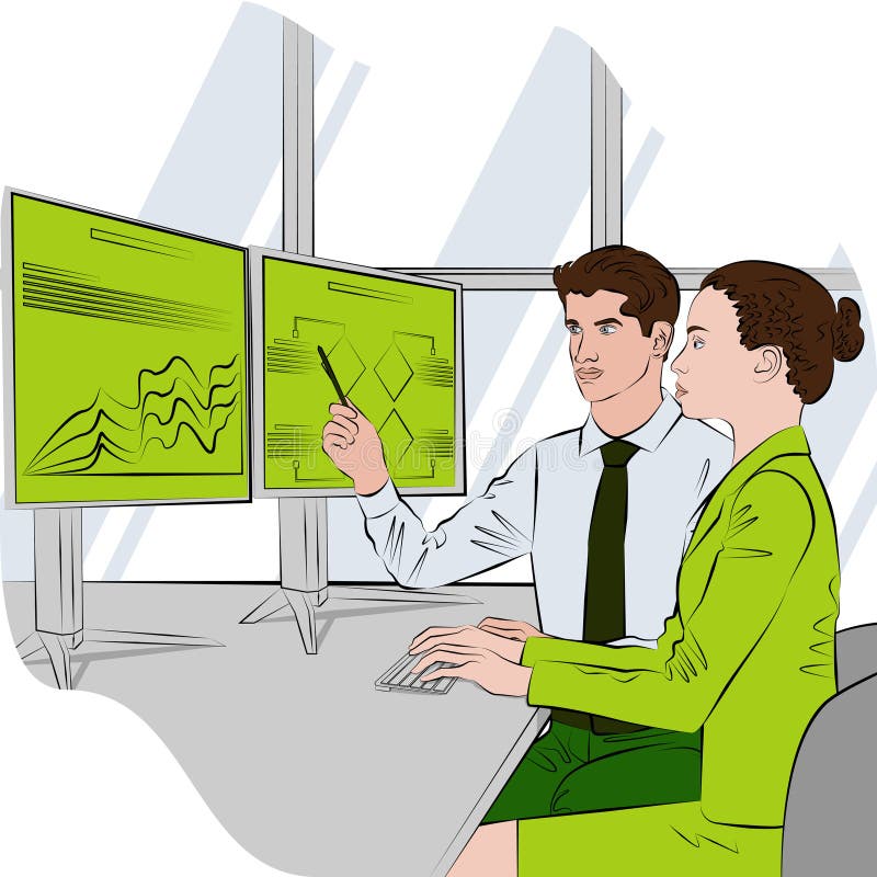 Man and Woman are Studying the Reports. Outline Stock Vector ...