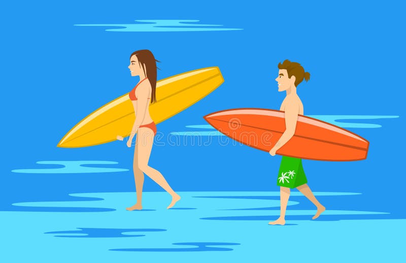 Man And Woman Surfers Running With Surfboard Stock Vector