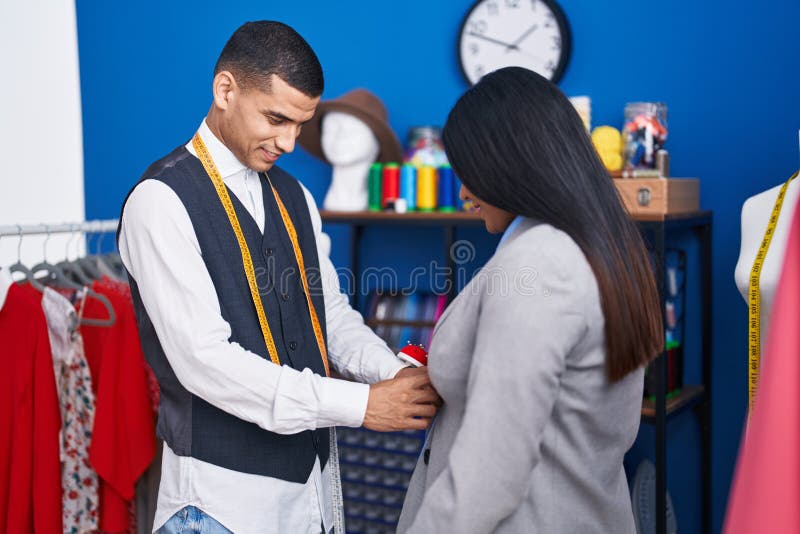 Man and Woman Tailor and Customer Wearing Jacket at Sewing Studio Stock ...