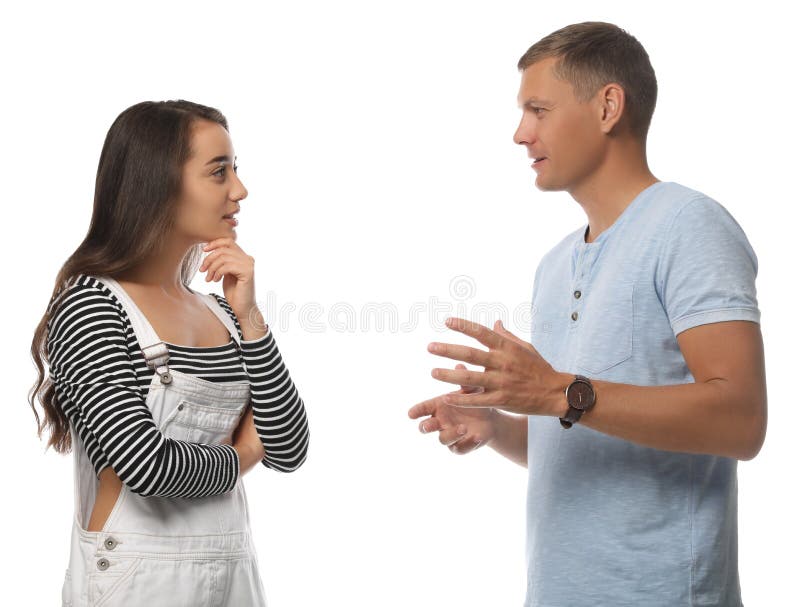 Man and Woman Talking on White Background Stock Image - Image of casual ...