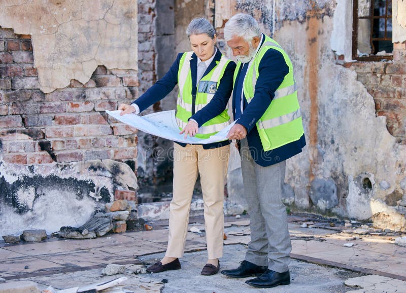 Man, Woman and Together at Construction Site with Blueprint for ...