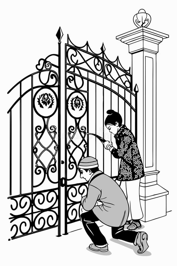 A Man and a Woman are Trying To Open a Gate Stock Illustration ...