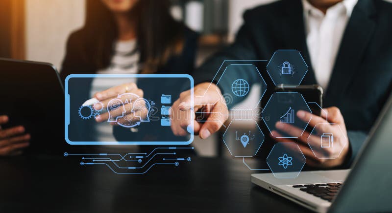 Man and Woman Using Chat Bot in Smartphone Intelligence Ai. Chat with ...