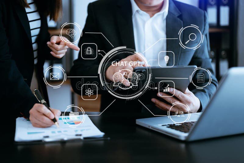 Man and Woman Using Chatbot in Computer and Tablet Smart Intelligence Ai.Chat GPT Chat with AI ...