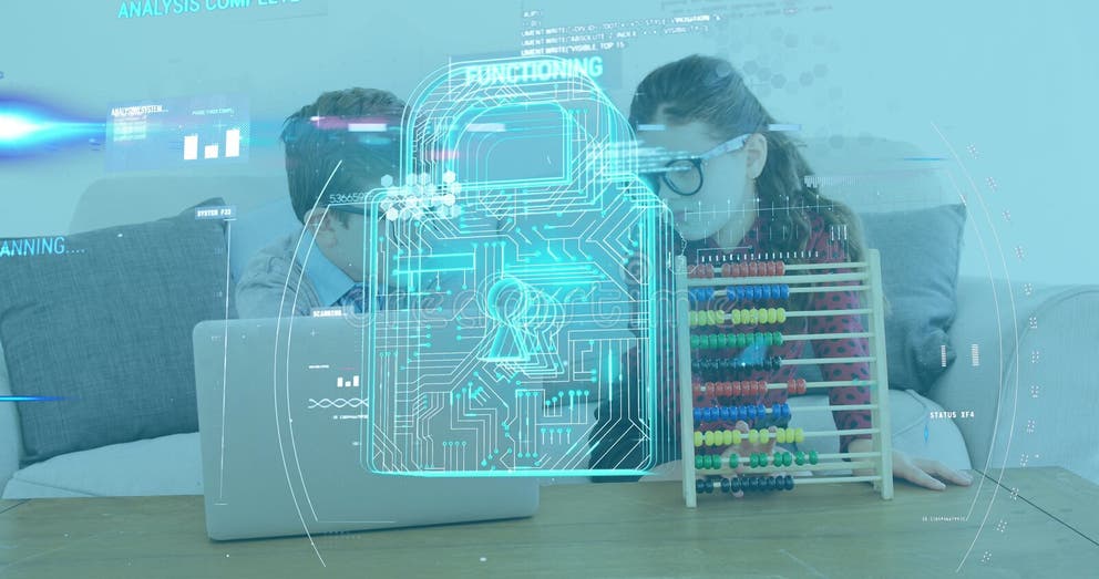 Man and Woman Using Laptop and Abacus with Digital Lock Interface ...