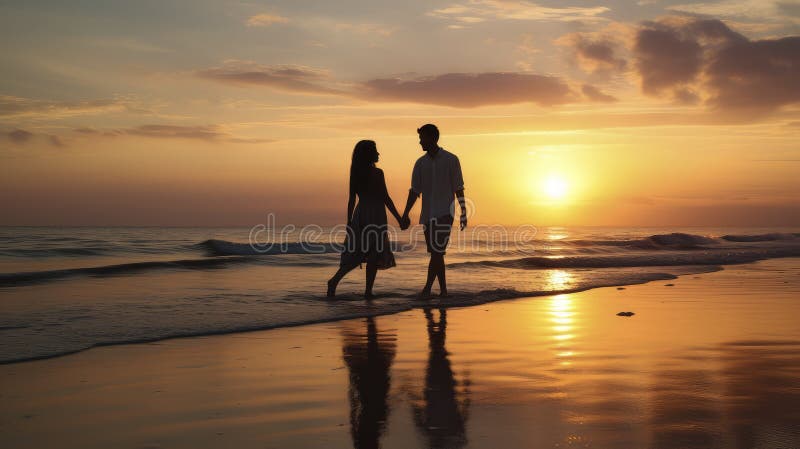Man And Woman Walking On Beach At Sunset Stock Illustration
