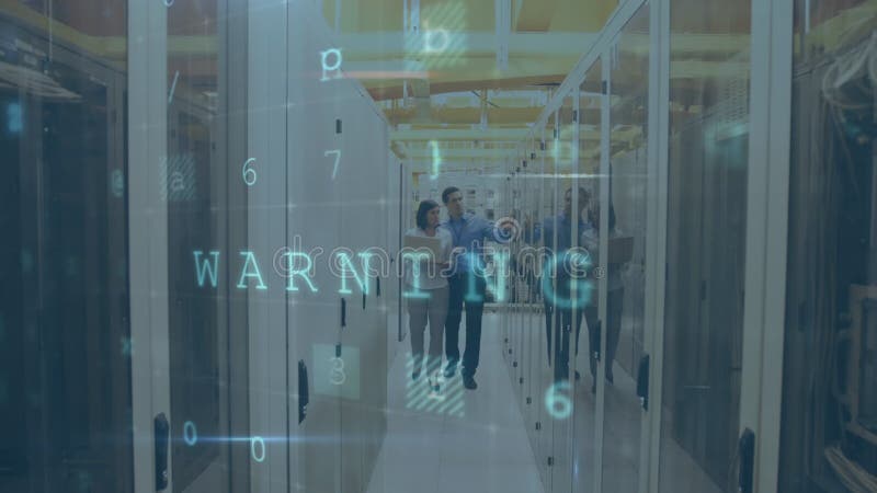 Man and Woman Walking in Server Room with Moving Data Security Messages ...