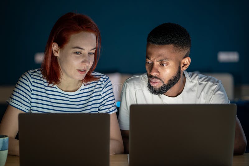 Man and Woman Work at Computers Together. Joint Online Remote Work ...