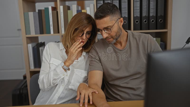 Man and Woman Working Together in an Office, Focused on a Task ...