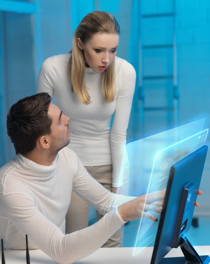 Man And Woman Working With Virtual Screen Stock Image Image Of Monitor Blue 38061913