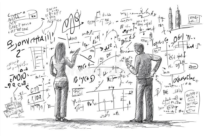 A Man and a Woman Write Formulas on a White Wall. Stock Illustration ...