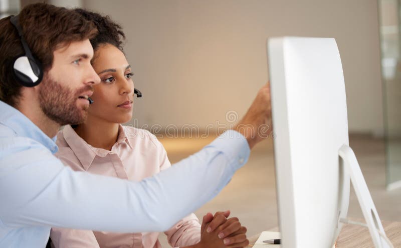 Man, Woman and Call Center Coaching at Computer for Training ...