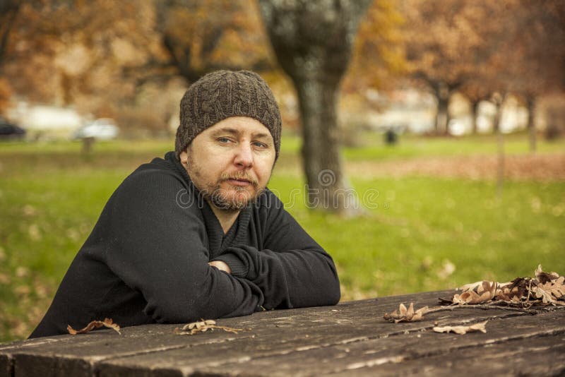 Man Wool Hat Sitting Bench Park Autumn Background Stock Photos - Free ...