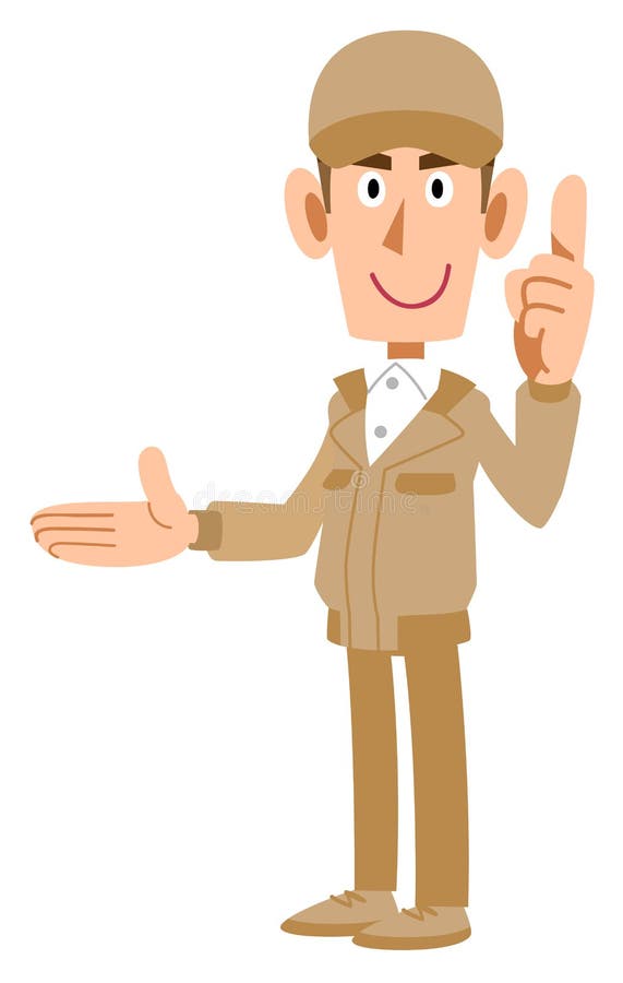 A Man in Work Clothes Introducing the Right Side with His Index Finger ...