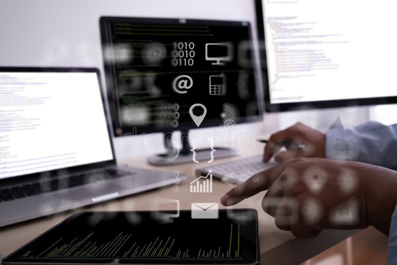 Man Work Coding Software Developer Programmer is Coding on a Desktop ...