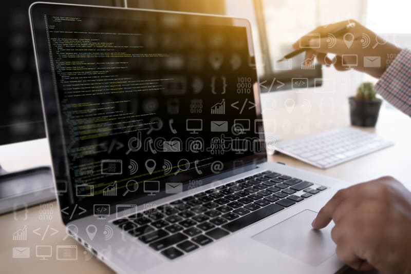 Man Work Coding Software Developer Programmer is Coding on a Desktop ... Man Work Coding Software Developer Programmer is Coding on a Desktop ...