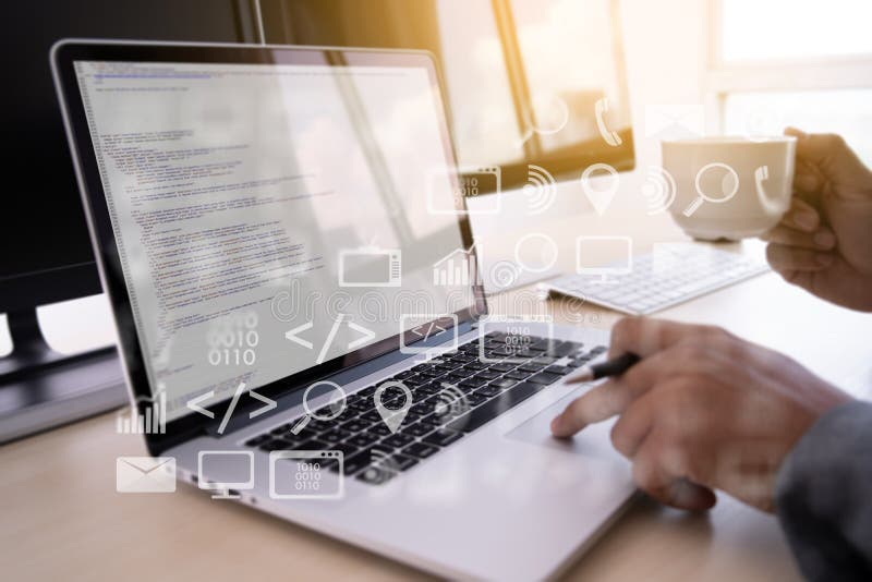 Man Work Coding Software Developer Programmer Is Coding On A Desktop