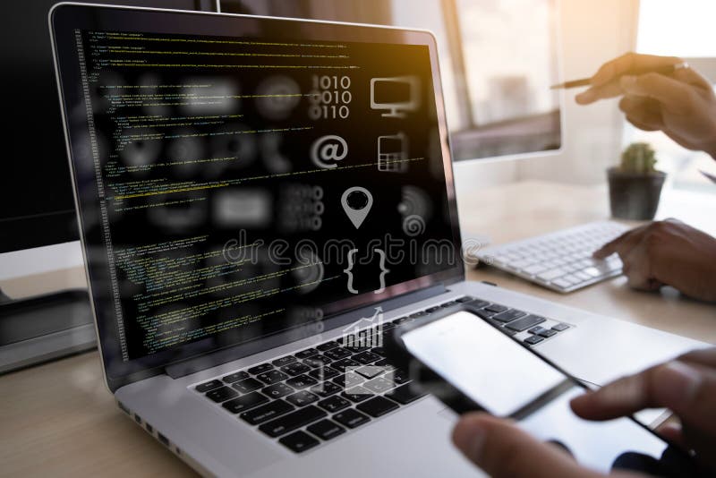 Man Work Coding Software Developer Programmer Is Coding On A Desktop Computer Stock Image