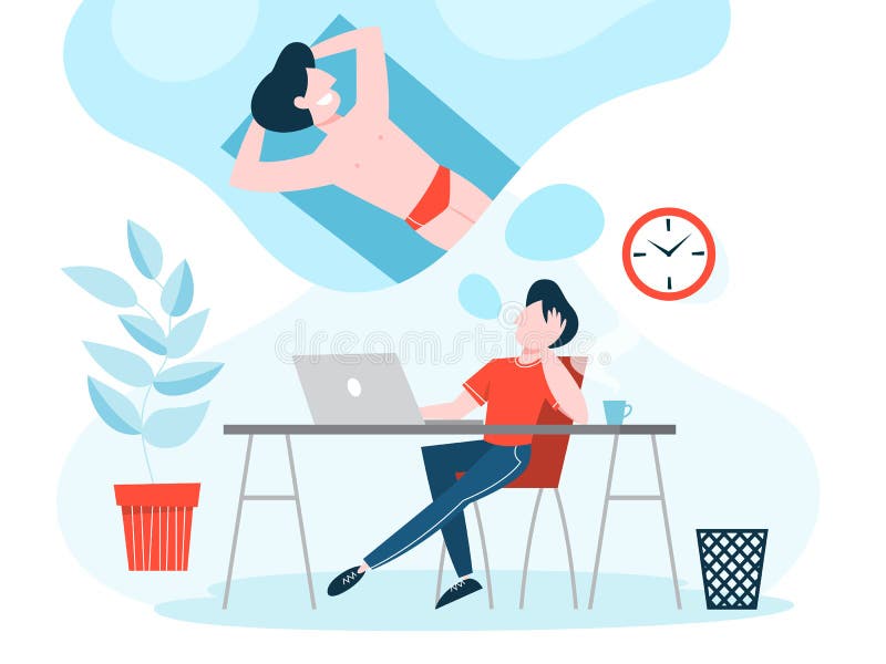 Man at the Work Dream about Summer Vacation Stock Vector - Illustration ...